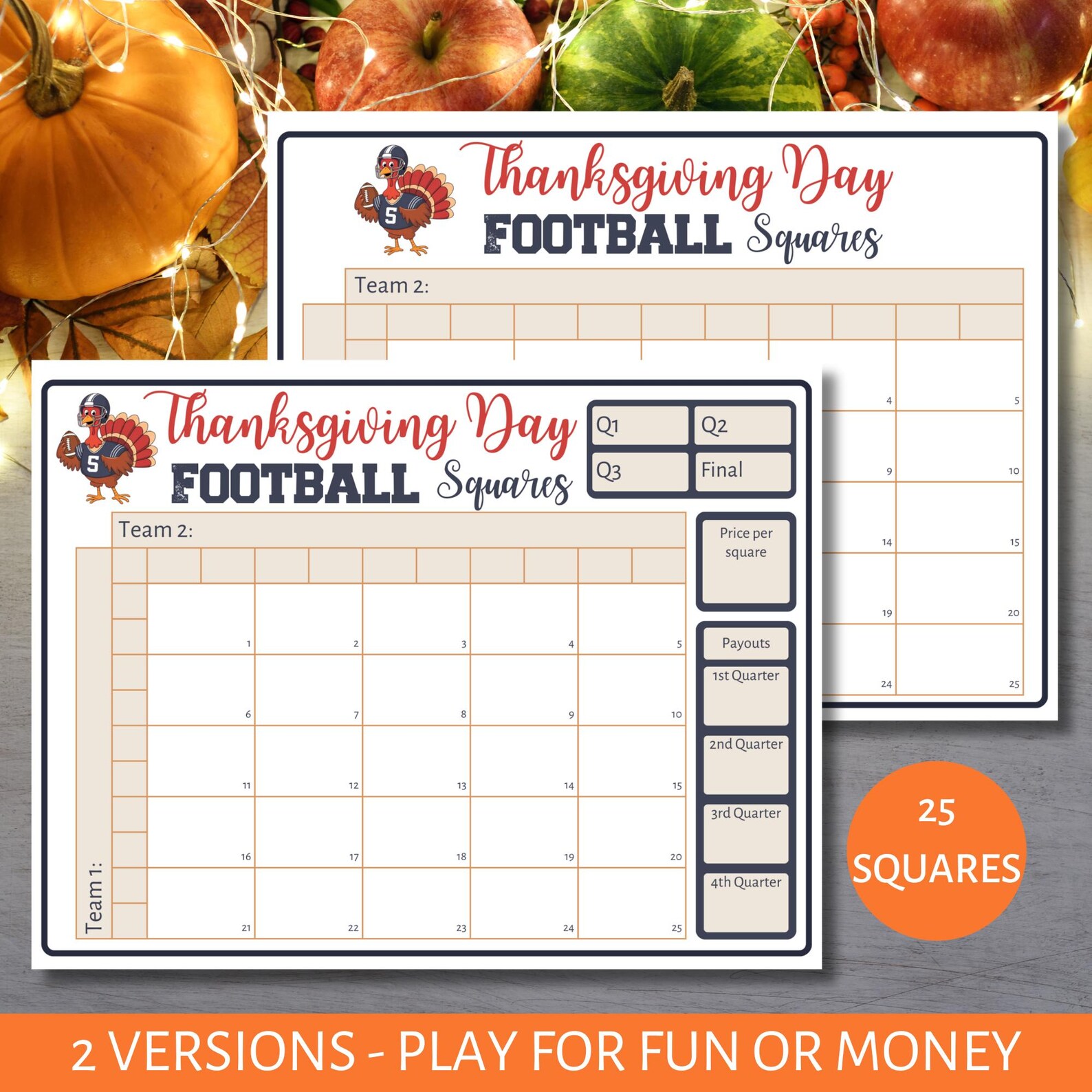 Thanksgiving Day Football Squares, Editable Canva Template, 25 Numbered ...