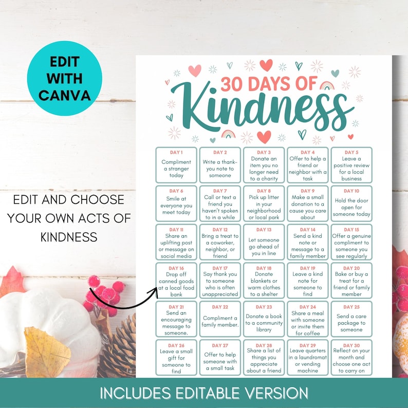 30 Days of Kindness Calendar, Thanksgiving Countdown, Acts of Kindness ...