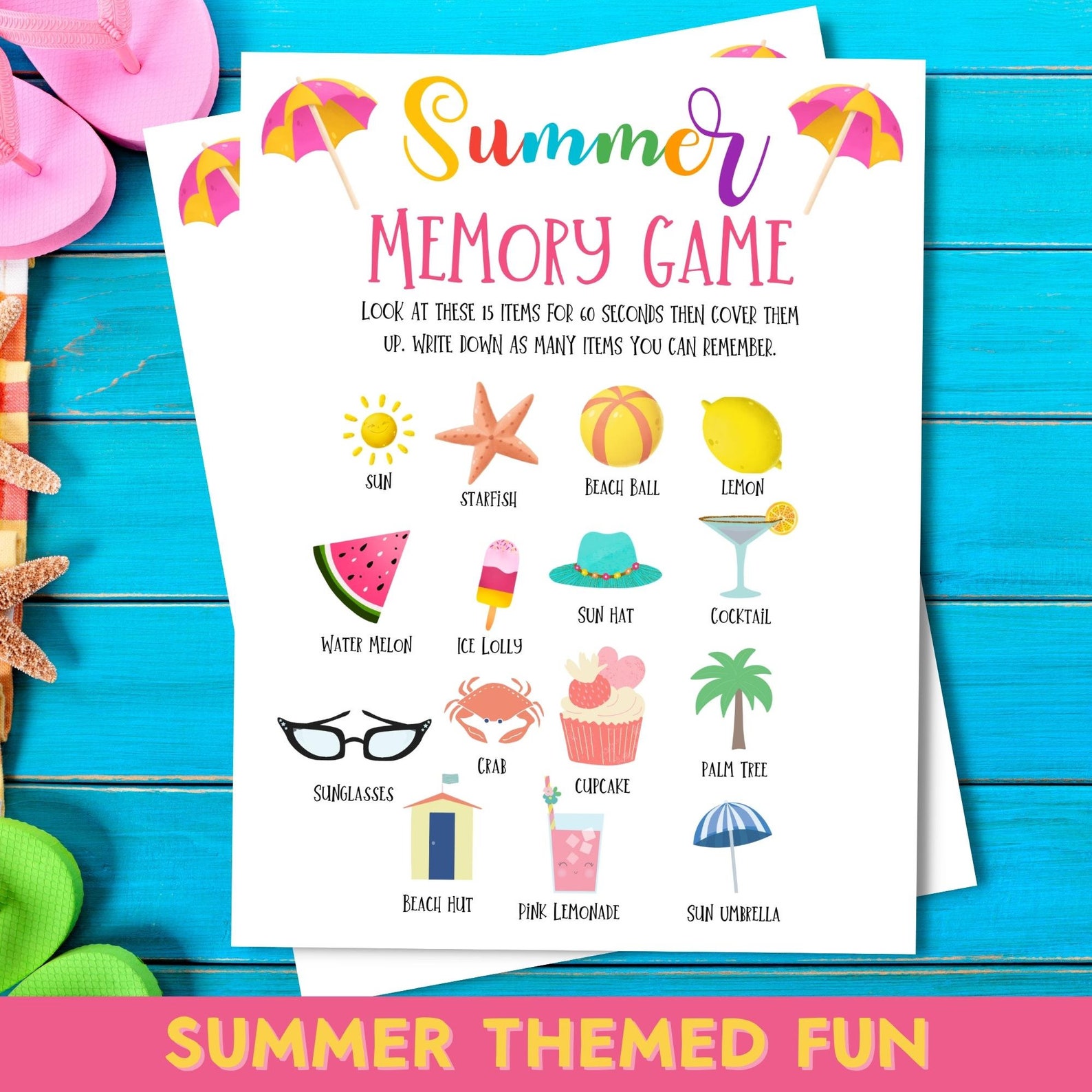 Summer Memory Game, Printable Activity, Pool Party, Family Fun, End of ...
