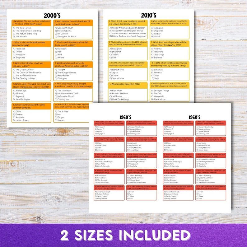 Decades Trivia Quiz, 100 Questions, Party Game (printable Instant ...