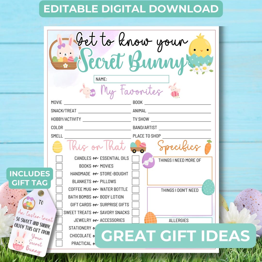 Easter Secret Bunny Questionnaire, Editable Gift Exchange Printable ...