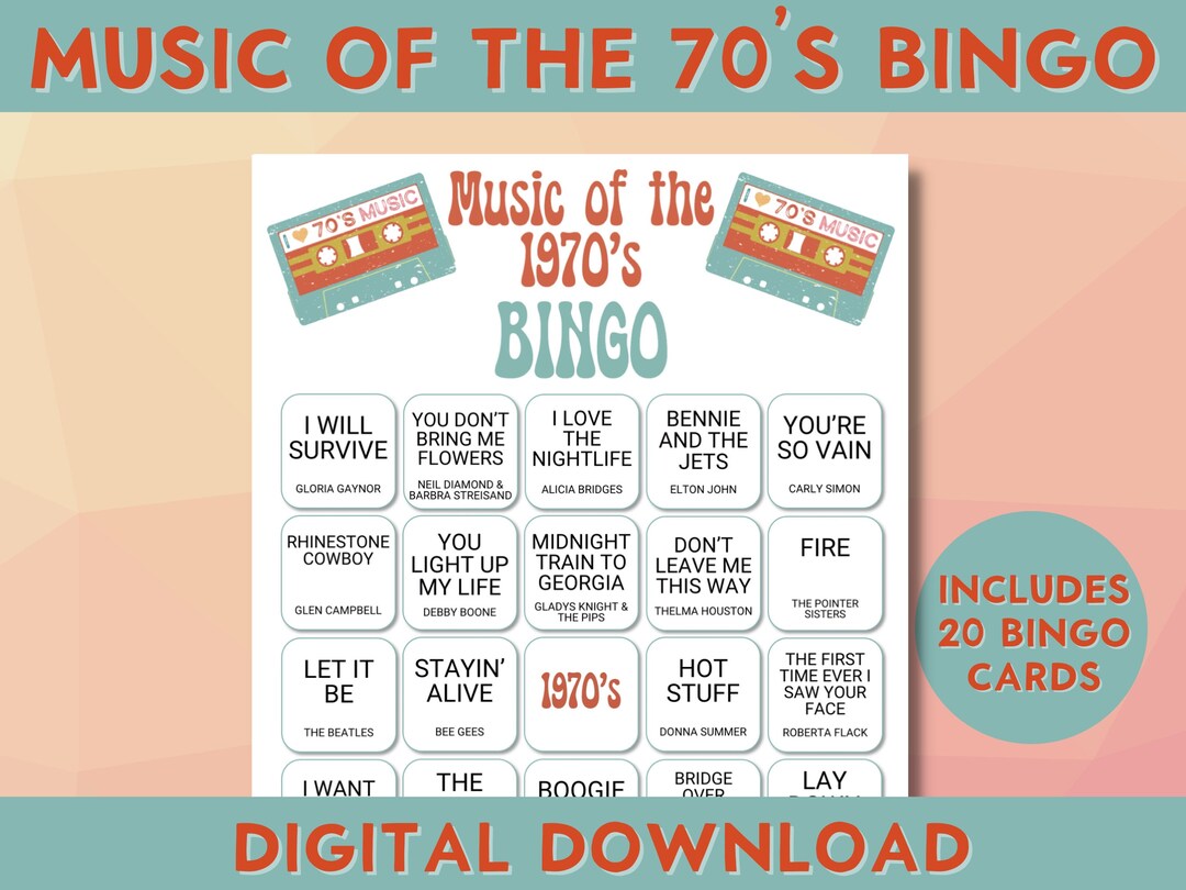 Printable Music of the 1970's Bingo Game, 20 Cards, Instant Download ...
