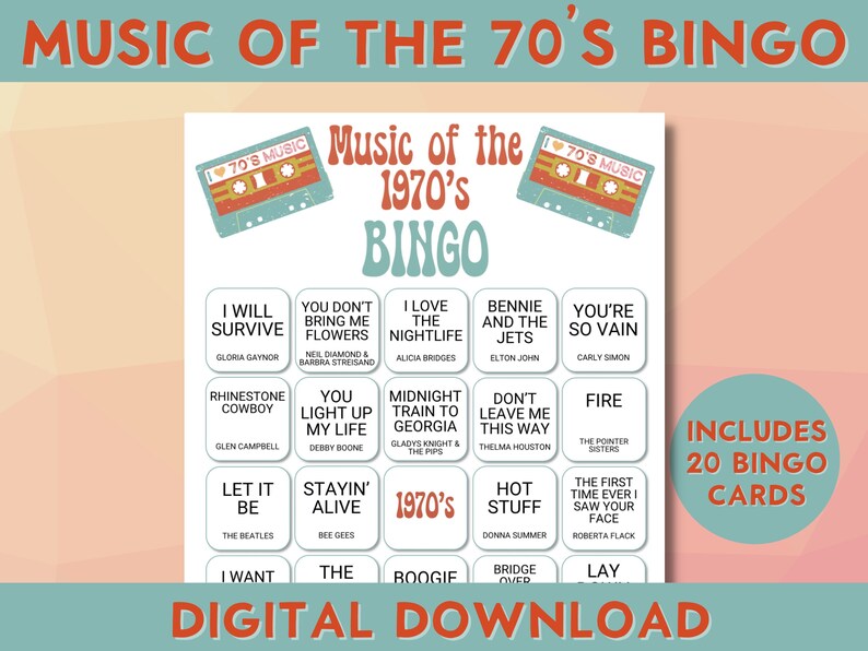 Printable Music of the 1970's Bingo Game, 20 Cards, Instant Download ...