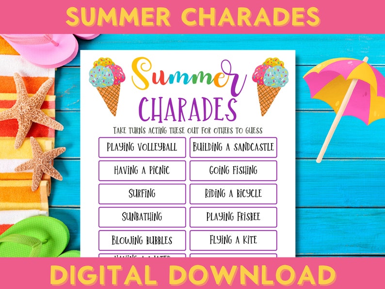 Summer Charades Game, Printable Activities, Pool Party, Family Fun, End ...
