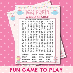 Tea Party Printable Word Search Game, Girls Birthday Party, Afternoon ...