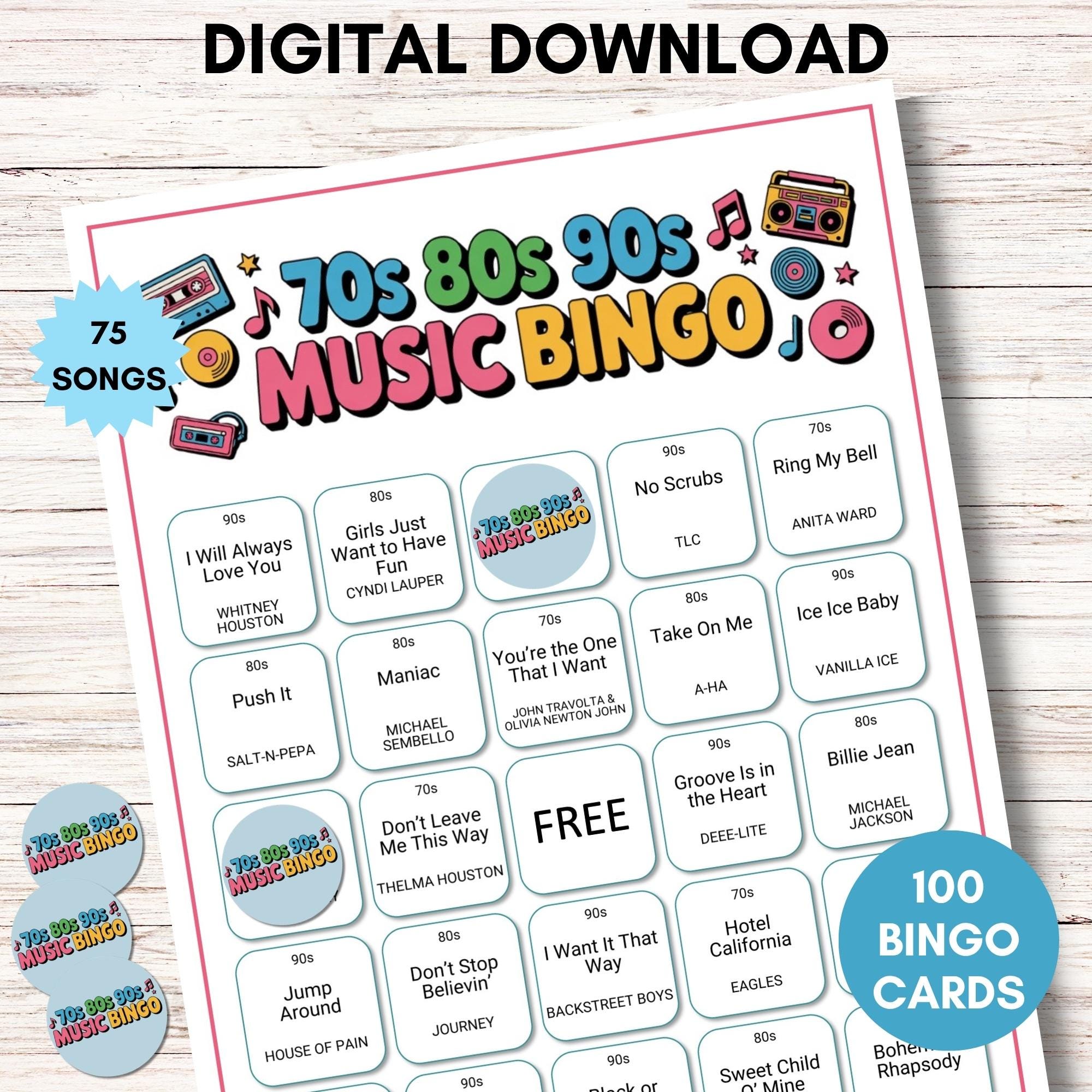70s 80s 90s Music Bingo, Decades Bingo, Printable Game With 100 Bingo ...