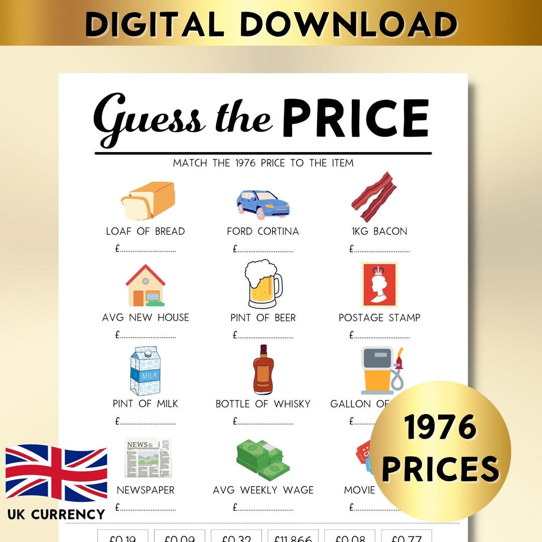 49th Birthday UK Price Match Game, Born in 1976 Printable, British ...