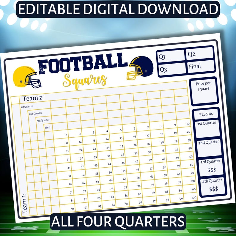 Football Squares Game – 100 Squares, All 4 Quarters, Editable Printable ...