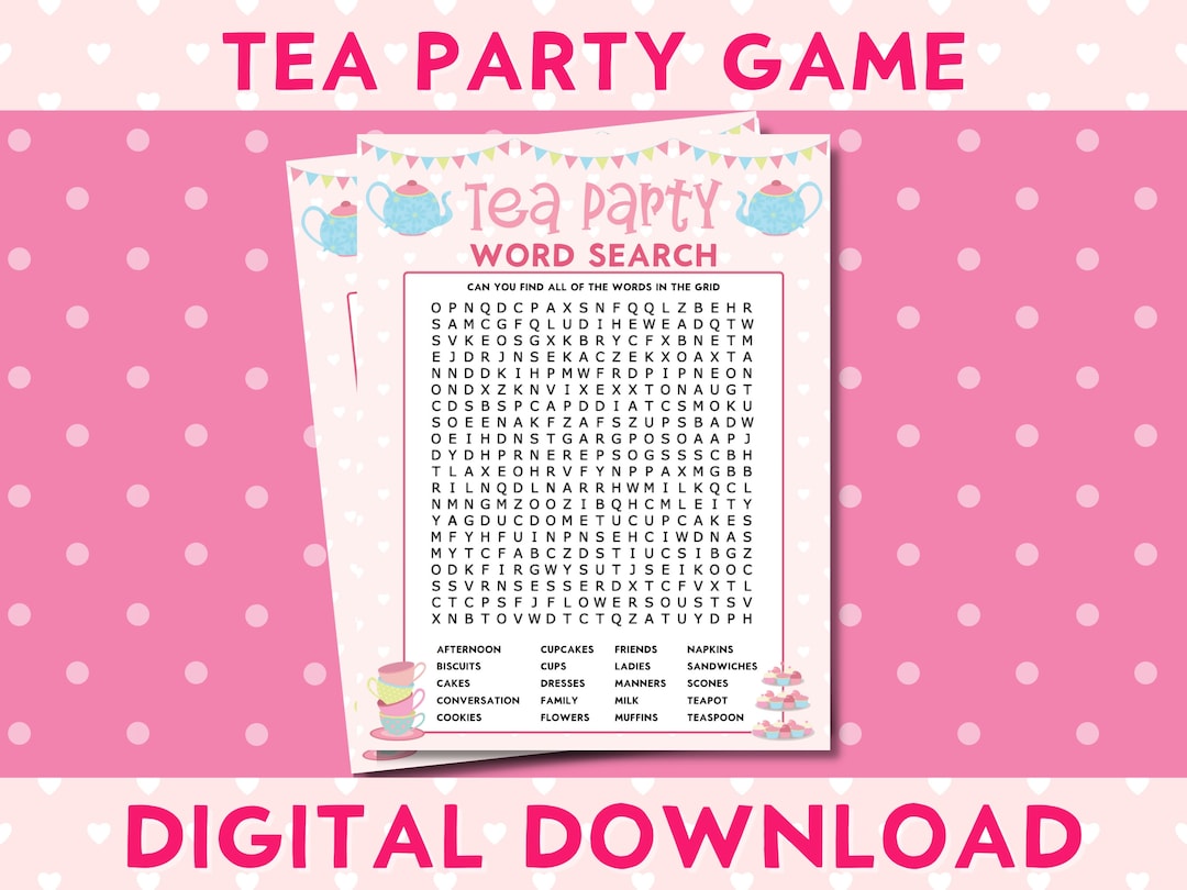 Tea Party Printable Word Search Game, Girls Birthday Party, Afternoon ...