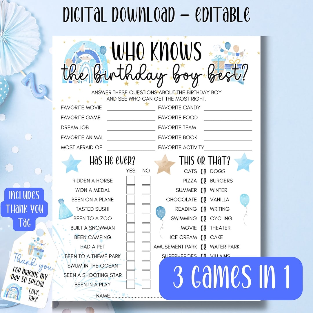 Who Knows the Birthday Boy Best, Editable Printable Blue Birthday Game ...