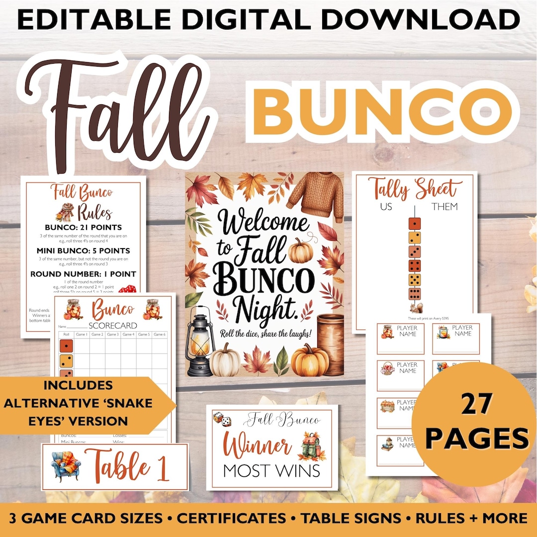 Fall Bunco Cards, Editable Printable Dice Game Set, Watercolor Fall ...