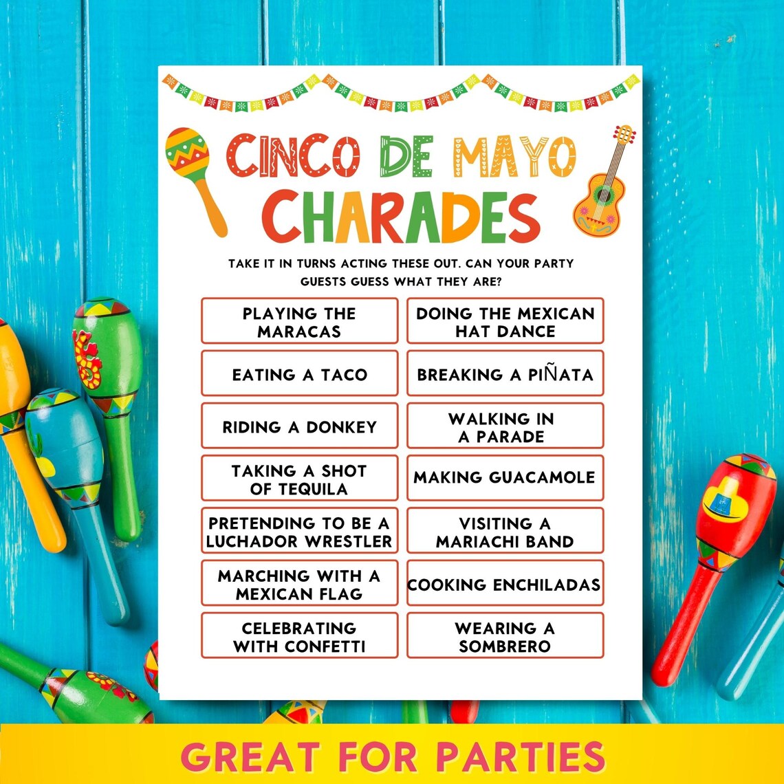 Cinco De Mayo Printable Charades Game, Fiesta Party, Family Game Night ...
