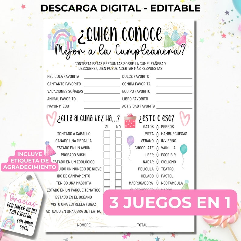 Rainbow Birthday Trivia Game, Printable Party Quiz (editable PDF) - Etsy