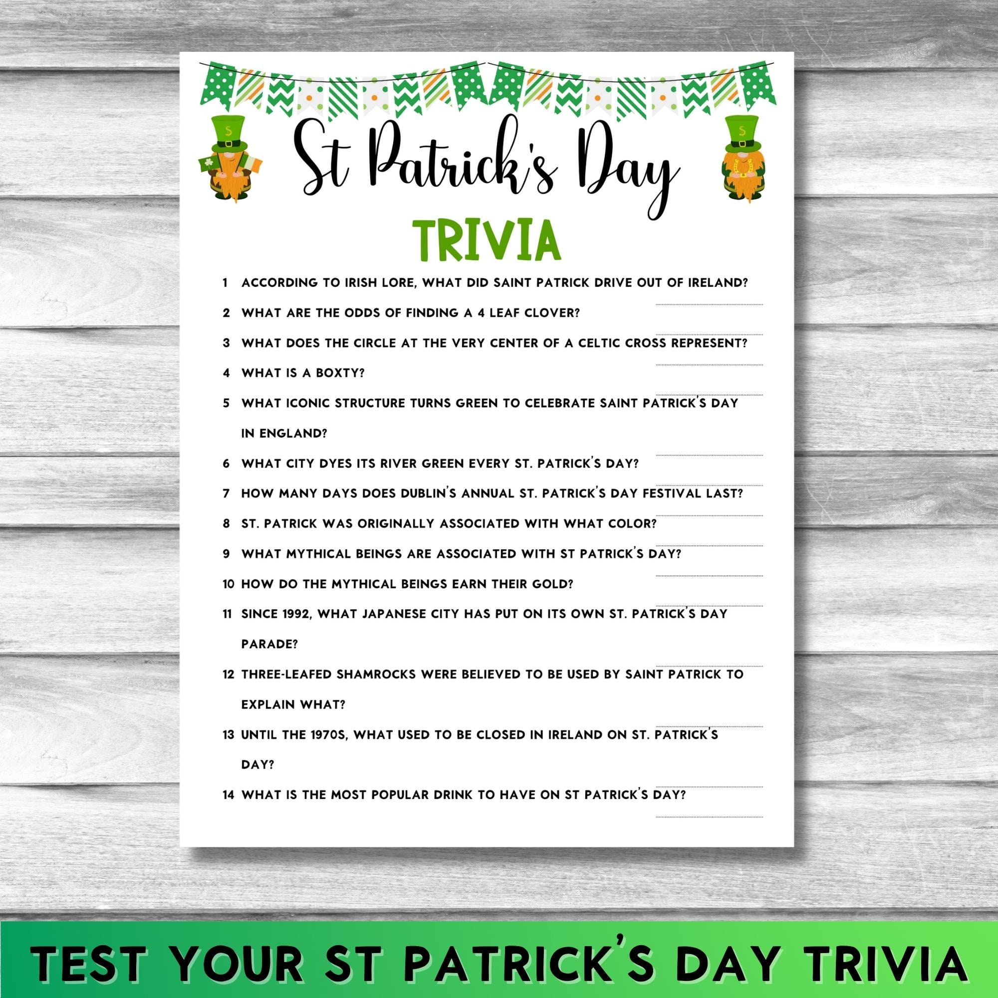 Printable St Patrick's Day Trivia Quiz Party Game, St Paddy's Day Party ...