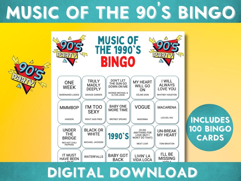 Printable Music of the 1990's Bingo Game 100 Cards - Etsy