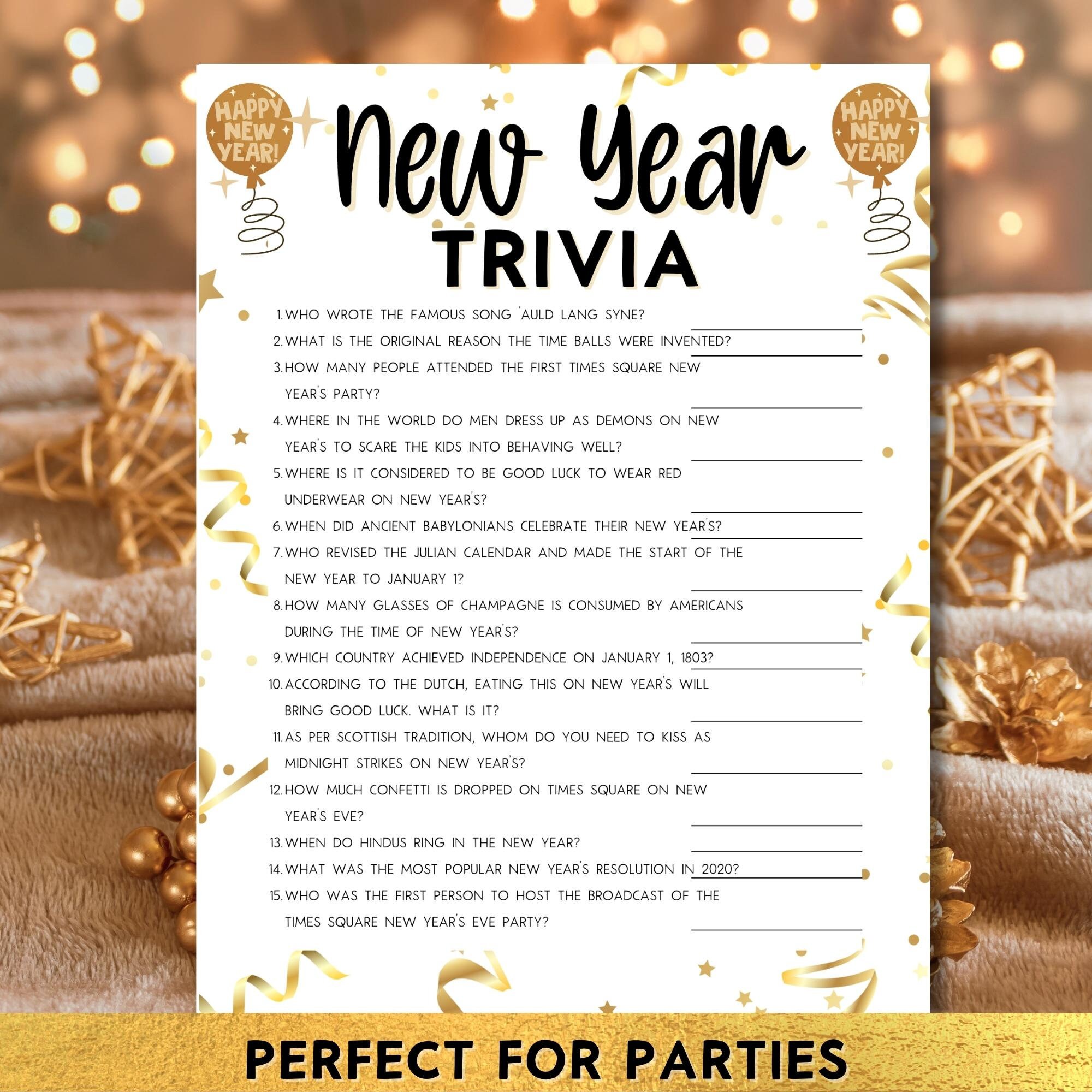 New Year's Eve Party Game, Printable Trivia Quiz Game, Instant Digital ...