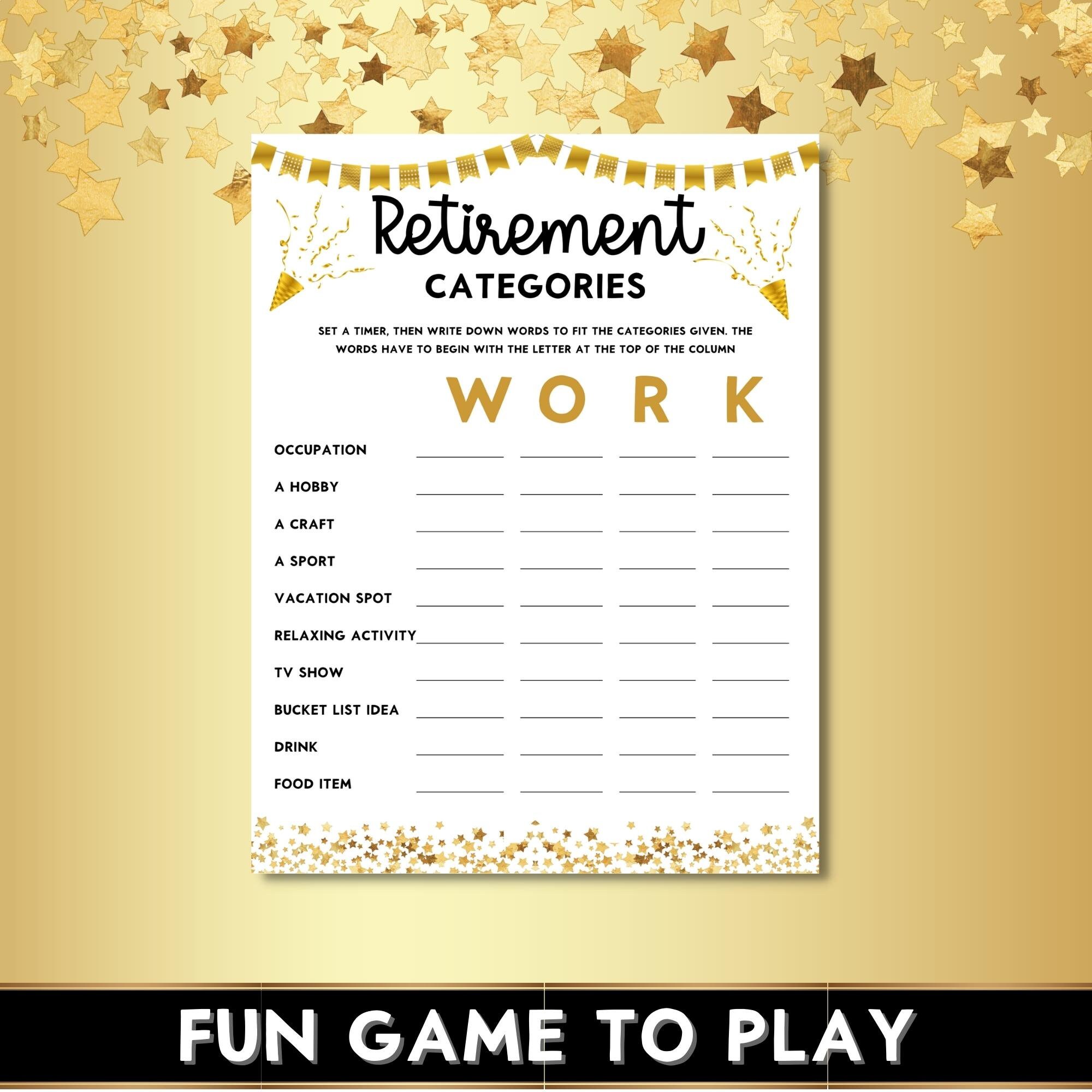 Printable Retirement Party Categories Game, Work Party for Retiree ...