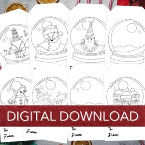 Printable Christmas Snow Globe Coloring Gift Tags, Set of 8, Editable ...