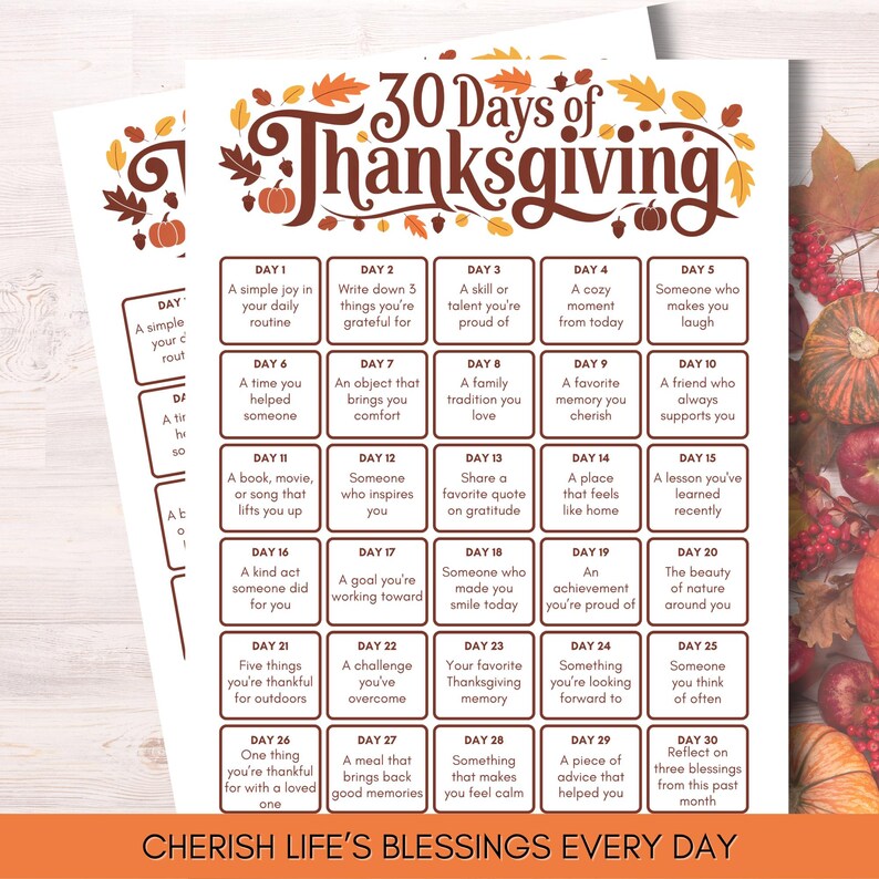 30 Days of Gratitude Challenge, Printable Family Thanksgiving Activity ...