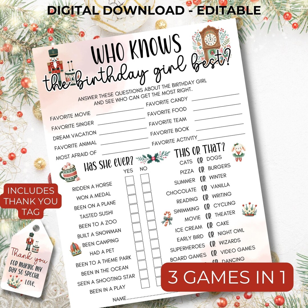 Who Knows the Birthday Girl Best, Christmas Nutcracker, Editable ...