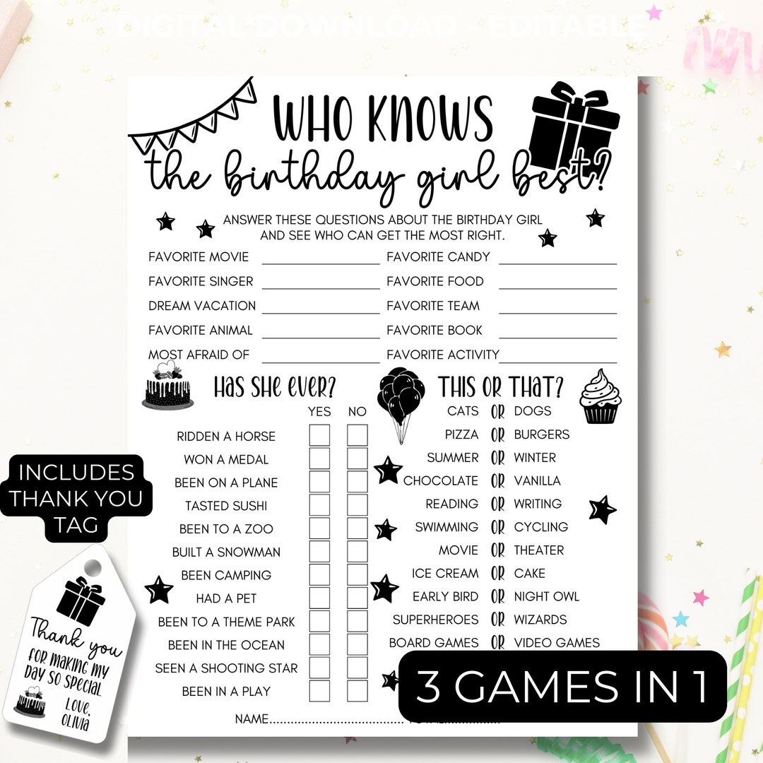 Who Knows the Birthday Girl Best, Editable Printable Black and White ...