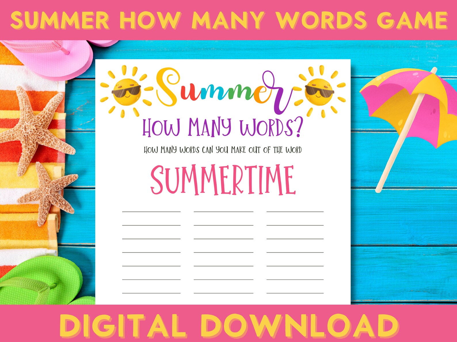 Summer How Many Words Game, Printable Activity, Pool Party, Family Fun ...