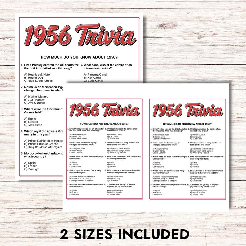 1956 Trivia Game, 70th Birthday Party Activities, Printable Fun Facts ...