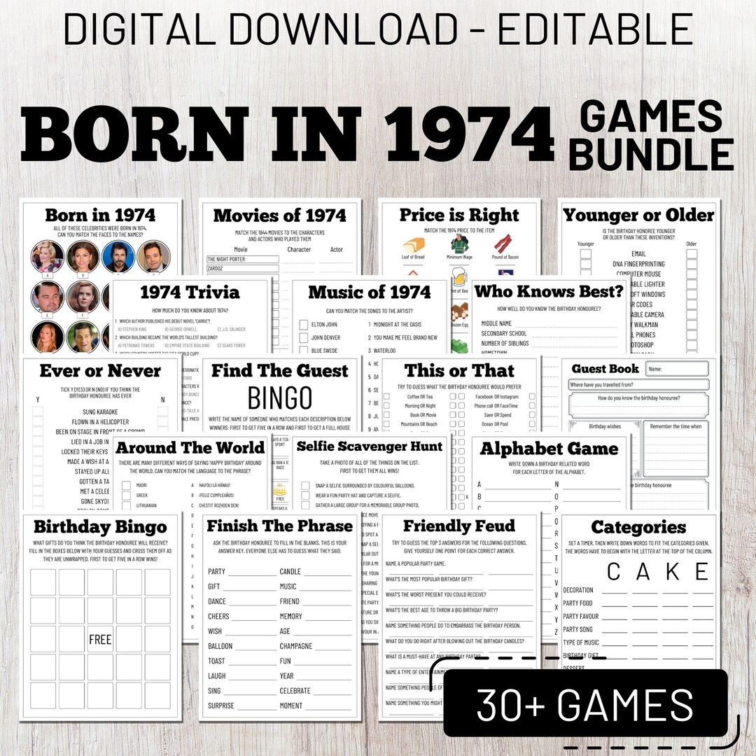 50th Birthday Games, Editableborn in 1974 Games Bundle, Party Games ...