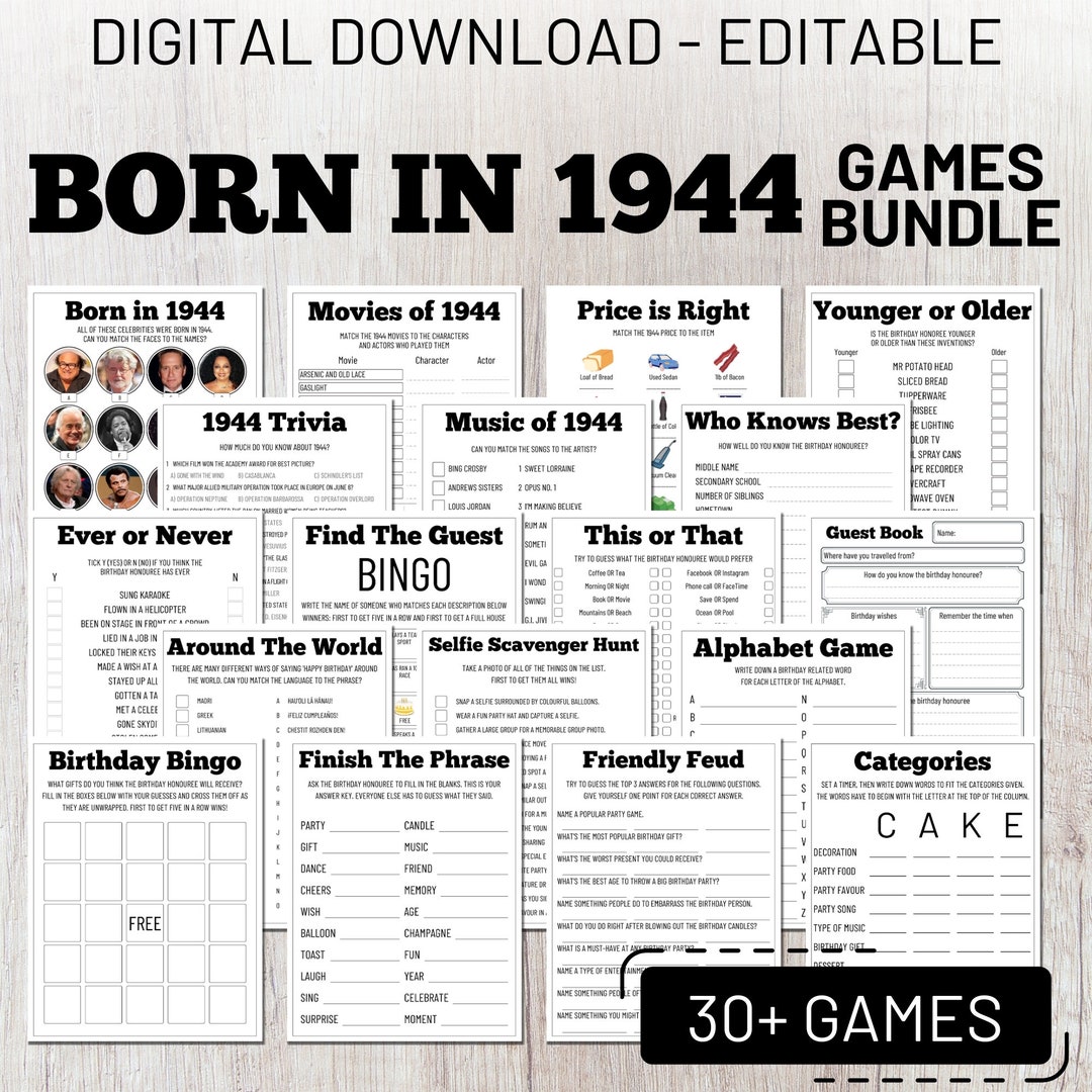 80th Birthday Games Bundle, Born in 1944 Games, Party Games, 1944 ...