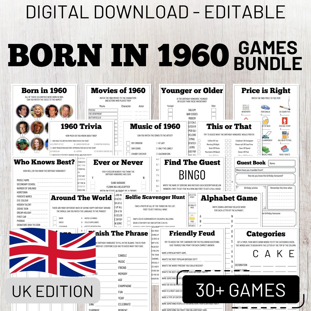 65th Birthday Party Games Bundle, UK Edition, Born in 1960 Trivia, Fun ...