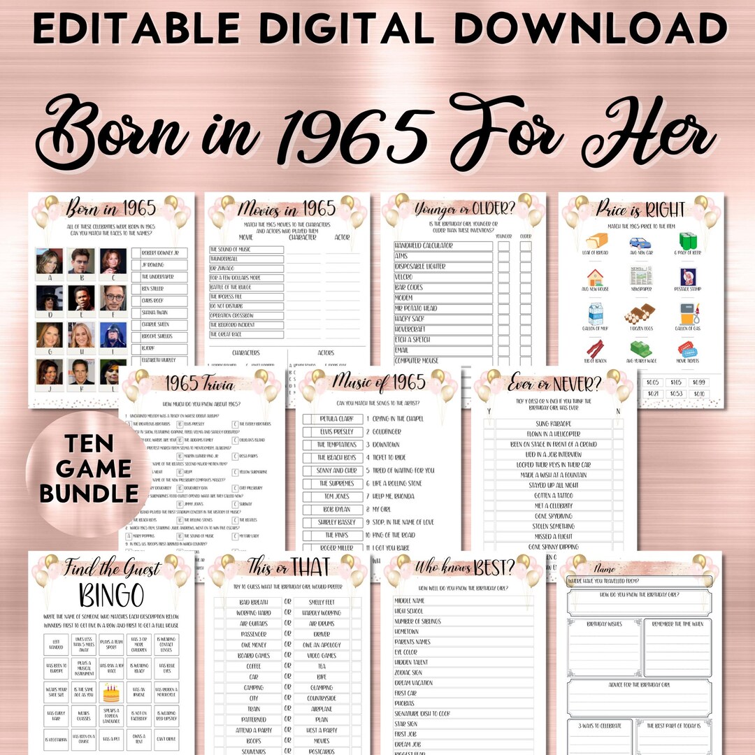 60th Birthday Games for Her, Born in 1965 Trivia Quiz, Fun Printable ...