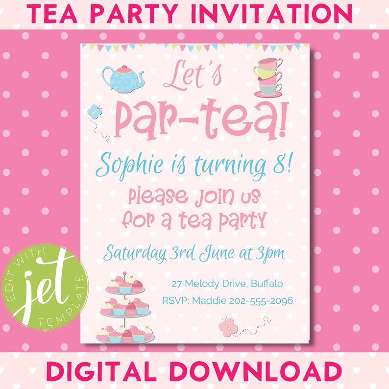 Editable Printable Tea Party Invitation Personalized Girls - Etsy UK