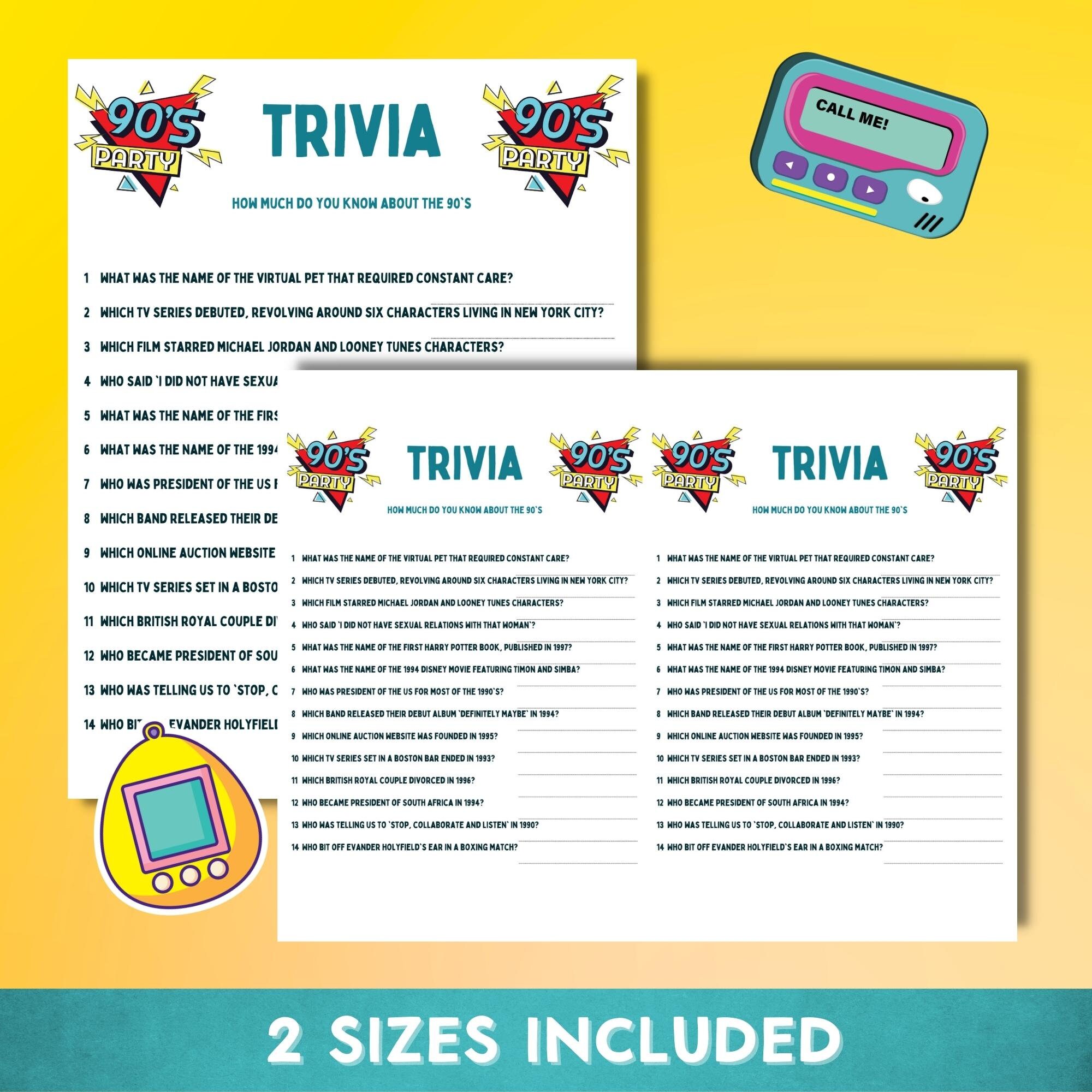 Printable 90's Themed Trivia Quiz Party Game Ice Breaker - Etsy