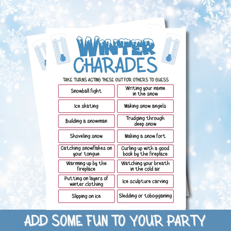 Winter Charades Game, Party, Family Activities, Classroom, Wintertime ...