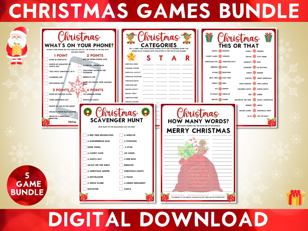 Christmas Printable Games Bundle, Instant Digital Download, 5 Party ...