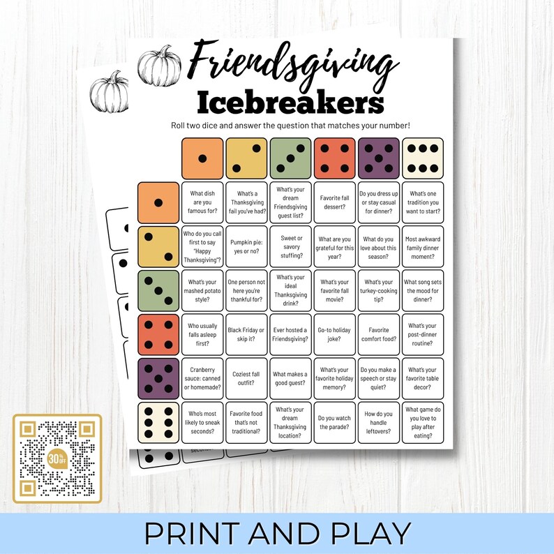 Friendsgiving Icebreaker Game, Fall Party Conversation Starter Dice ...