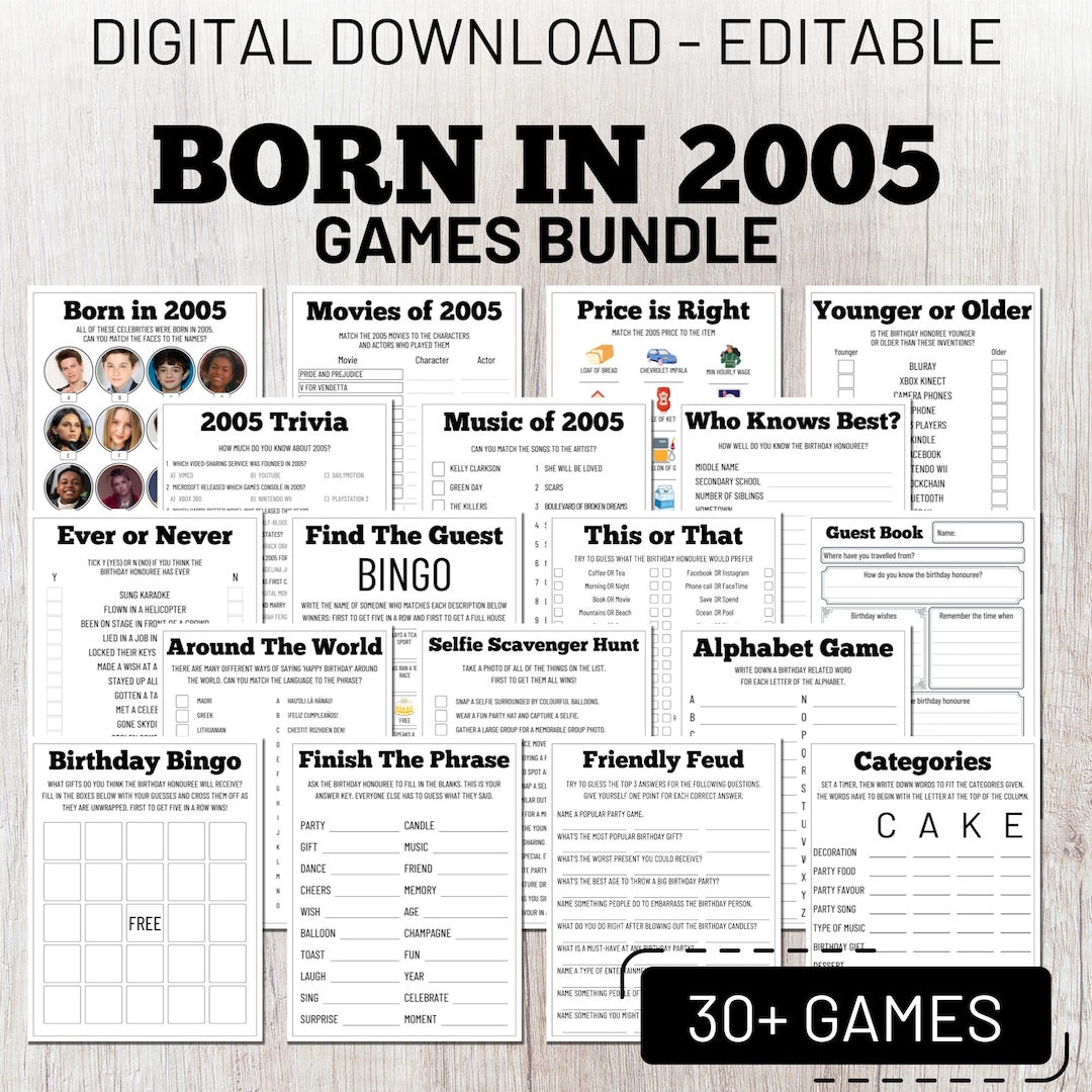 21st Birthday Party Games Bundle, Born in 2005 Trivia, Fun Printable ...