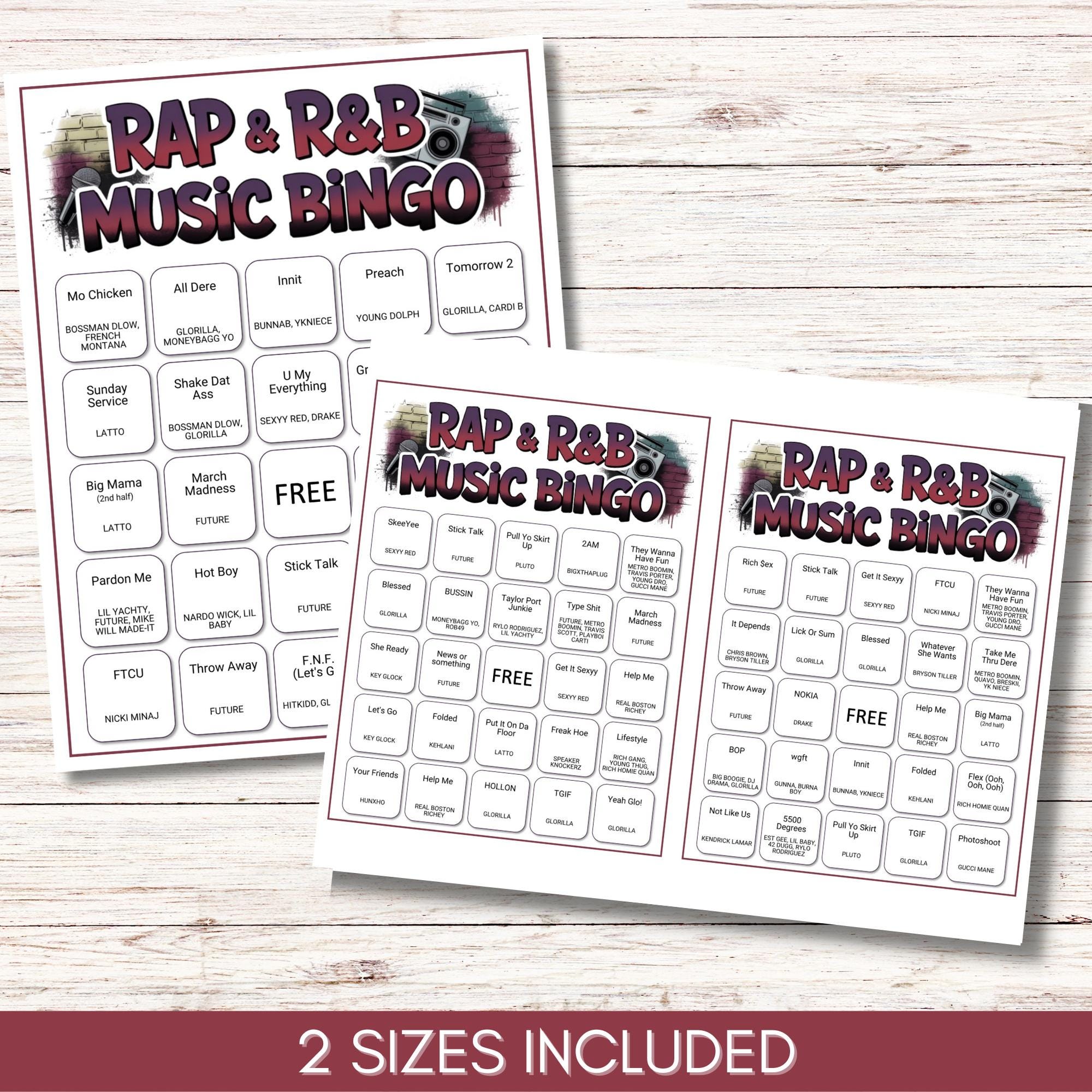 Rap and R&B Music Bingo | 75 Songs, 100 Cards (digital Download) - Etsy