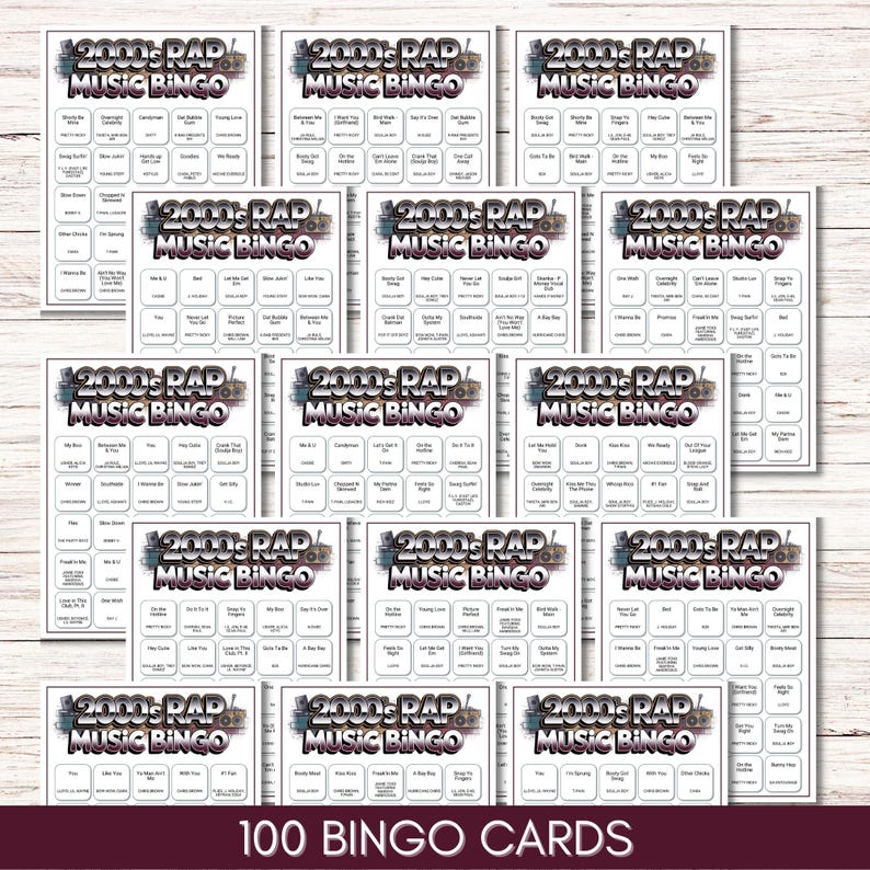 2000s Rap Music Bingo, 75 Songs 100 Cards, Printable Hip Hop Rnb Party ...
