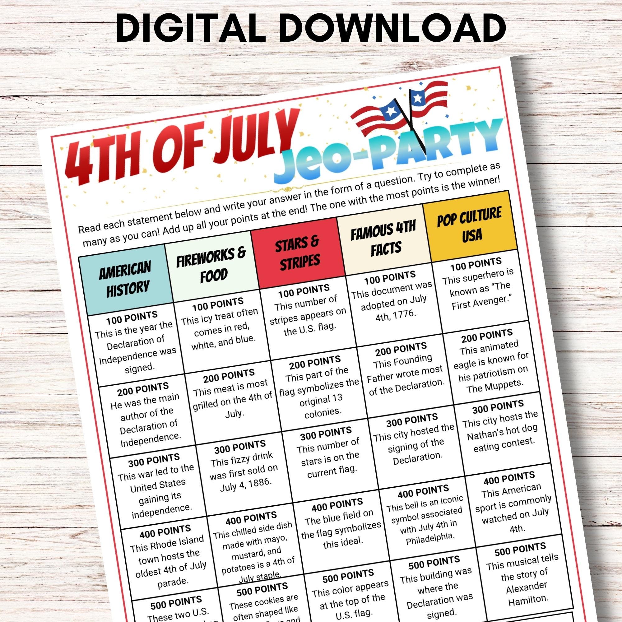 4th of July Trivia Game – Printable Jeo-party Quiz, Editable Canva ...