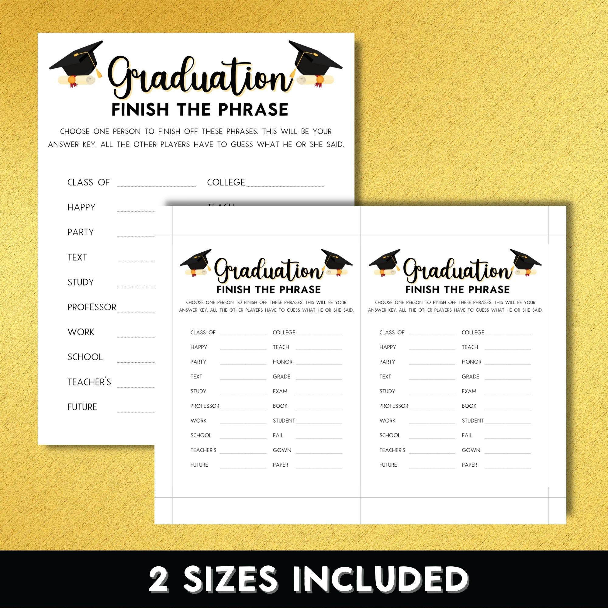 Printable Graduation Party Finish the Phrase Bingo, College, High ...