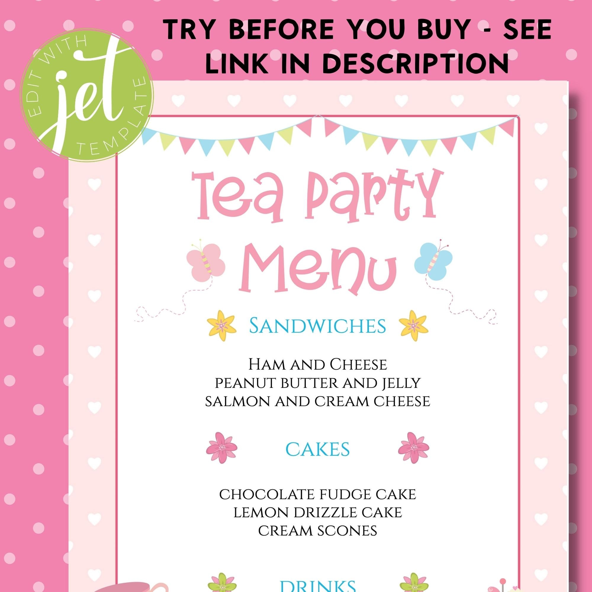 Tea Party Welcome Poster and Menu Editable Printable - Etsy