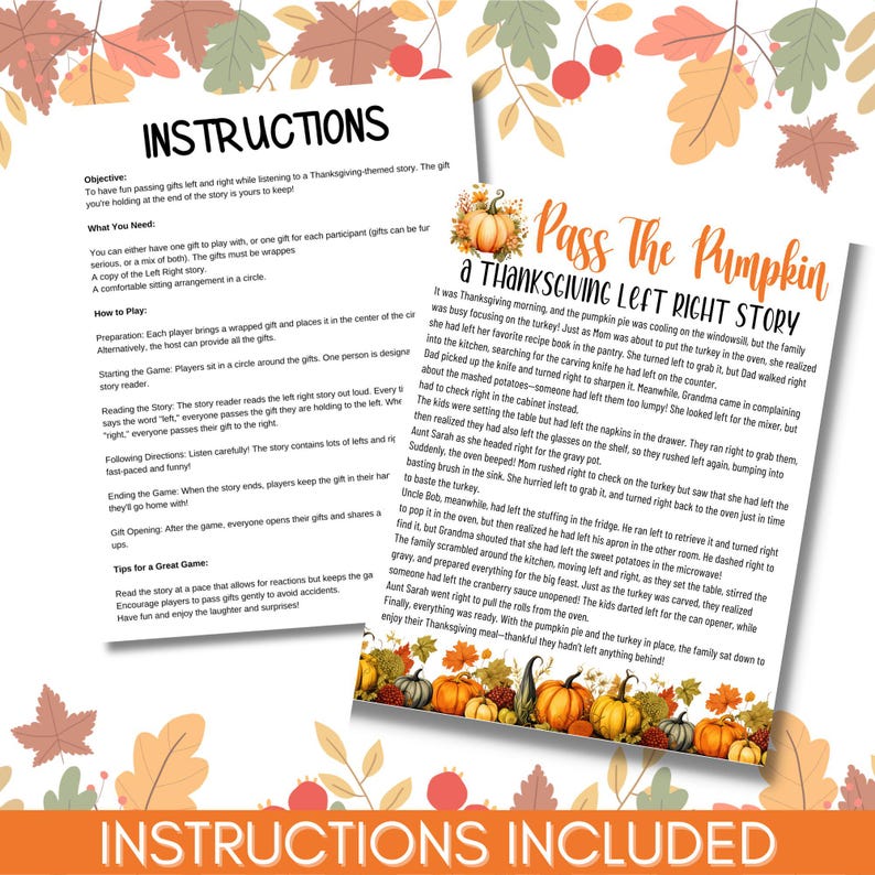 Pass the Pumpkin Thanksgiving Game, Left Right Story (PDF Download) - Etsy