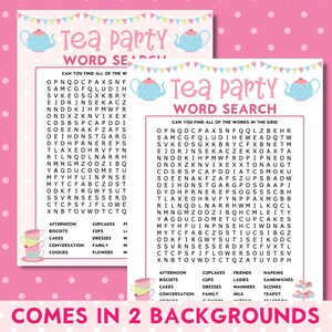 Tea Party Printable Word Search Game, Girls Birthday Party, Afternoon ...