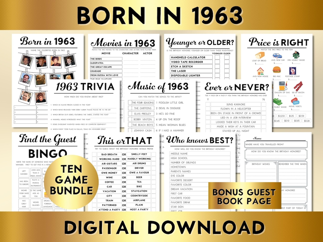 63rd Birthday Party Games, Born in 1963 Trivia, Music Quiz (printable ...