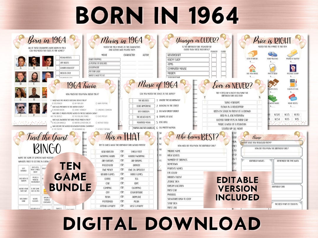 61st Birthday Games for Her, Born in 1964 Trivia Quiz, Fun Printable ...