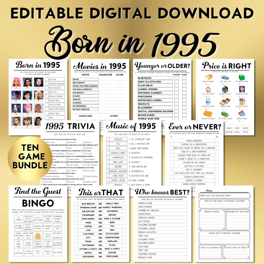 31st Birthday Party Games, Born in 1995 Trivia, Music Quiz (printable ...