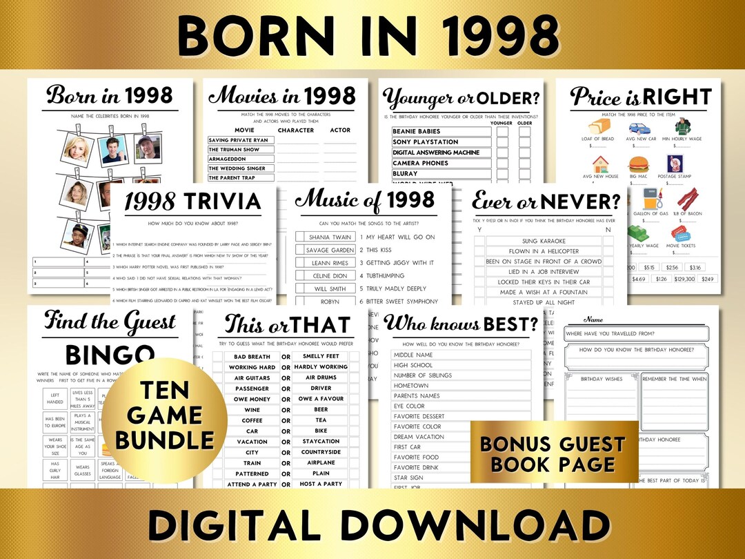 27th Birthday Party Games, Born in 1998, Printable 10 Game Bundle ...