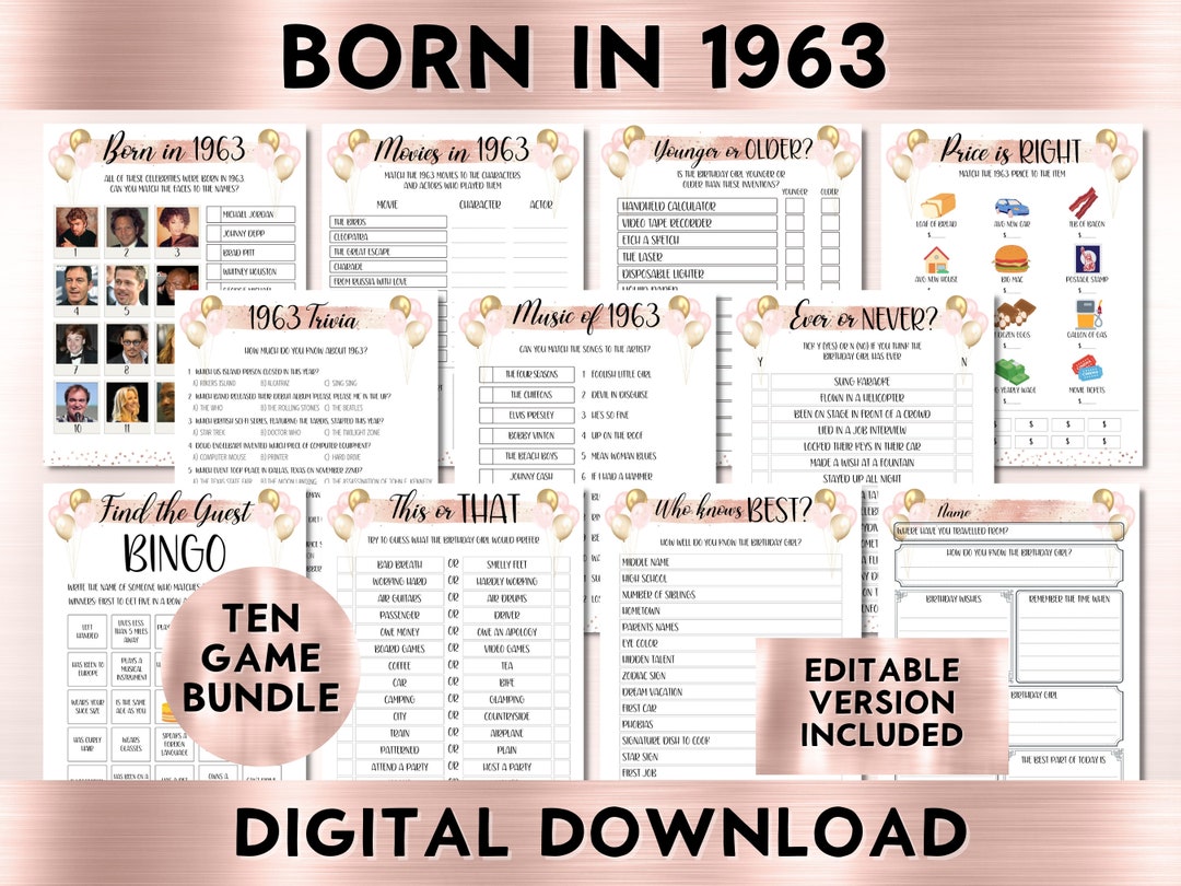 62nd Birthday Games for Her, Born in 1963 Trivia Quiz, Fun Printable ...