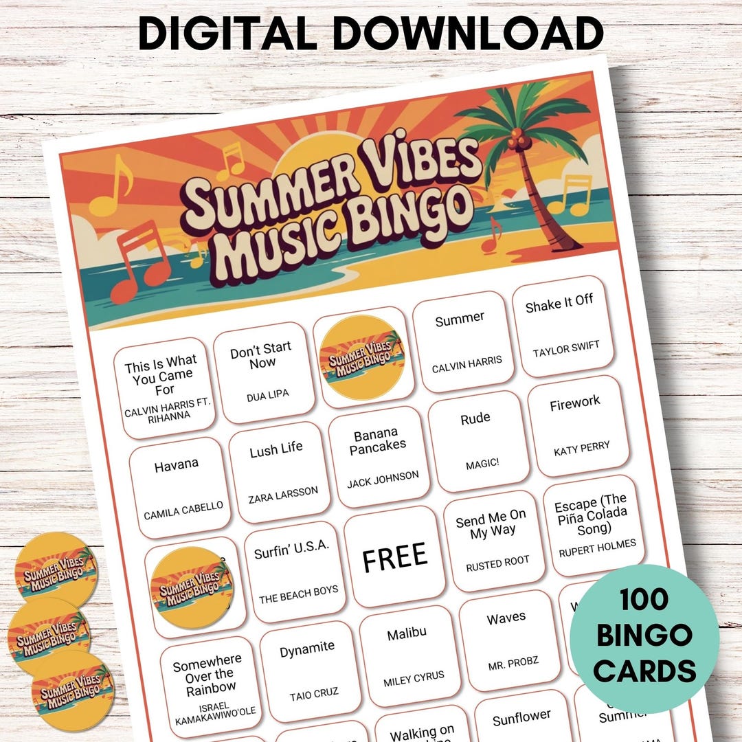 Summer Vibes Music Bingo – Printable Game With 100 Bingo Cards, Pool ...